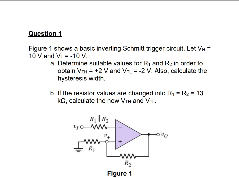 Question 1 Figure 1 shows a basic inverting Schmitt trigger circuit. Let VH = 10 V and VL = -10 ...