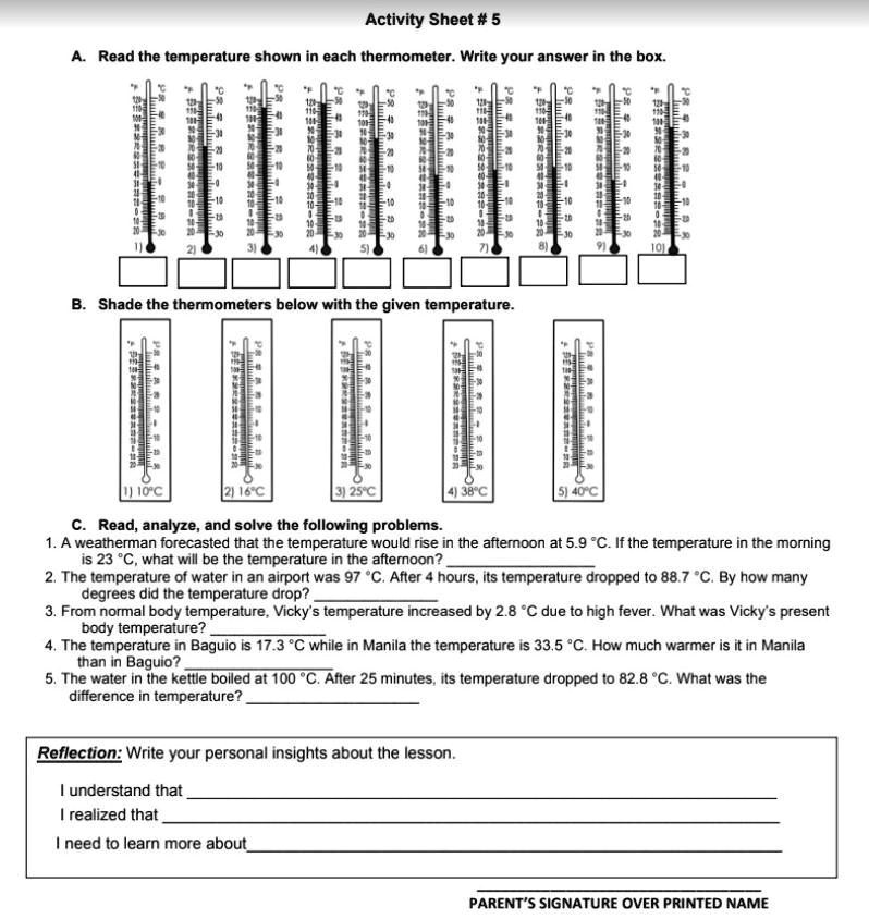 pa help salamat brainlest nlng activity sheet 5 read the temperature ...