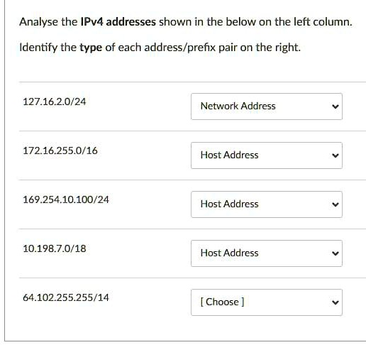 please match the following address from one from below options 1 network address 2 broadcast ...