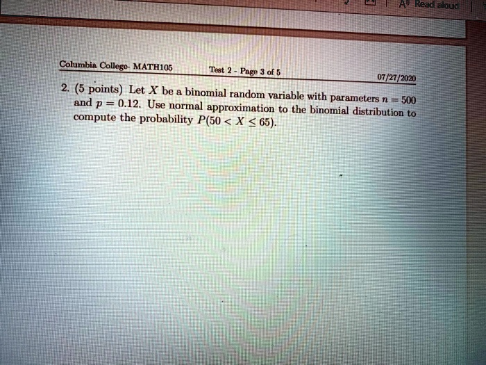 SOLVED:Keduat Columbia Celloee MATHIO5 Tat Page 3 of 5 07/24/2020 2. (5 points) Let X be ...