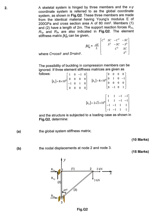 2 a skeletal system is hinged by three members and the x y coordinate ...