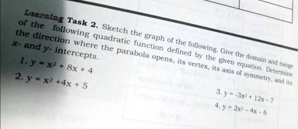 SOLVED: Find: Domain, Range, Opening of Parabola, Vertex, Axis of ...