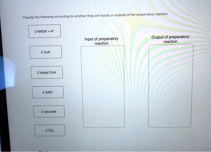 SOLVED: whether they are Inputs outputs of the preparatory reactilon; Classify the following ...
