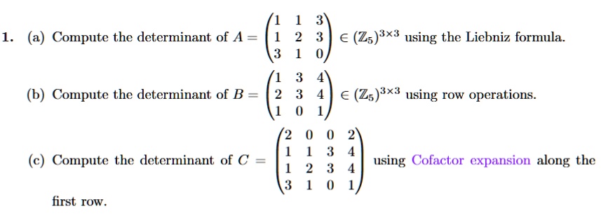 1. (a) Compute the determinant of A = ∈(ℤ5)^3 ×3 using the Liebniz formula. (b) Compute the ...