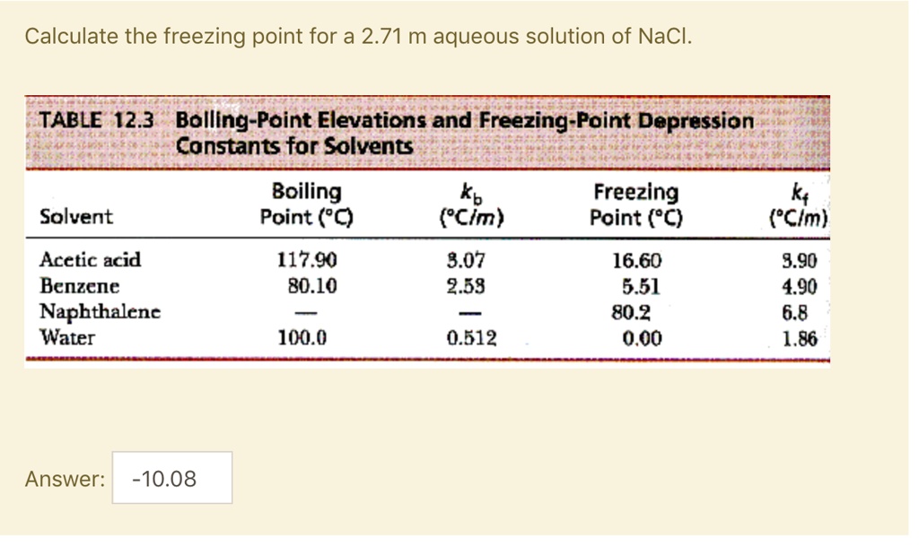 SOLVED: Calculate the freezing point for a 2.71 m aqueous solution of ...
