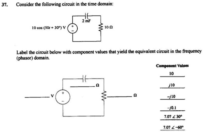 37. Consider the following circuit in the time domain: 10 cos (Ï‰t + 30Â°) 10 Î© Label the ...