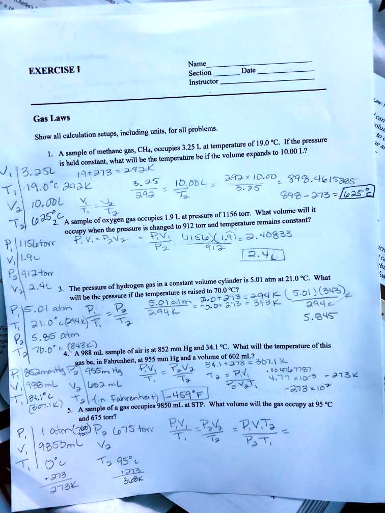 SOLVED:Name Section Instructor EXERCISE [ Date Gas Laws calculation ...