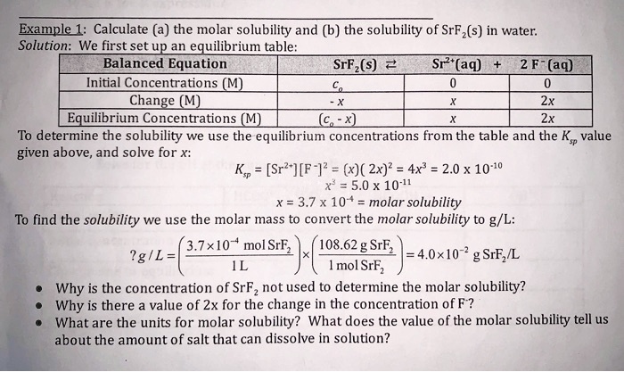 SOLVED:Example_l; Calculate (a) the molar solubility and (b) the solubility of SrFz(s} in water ...