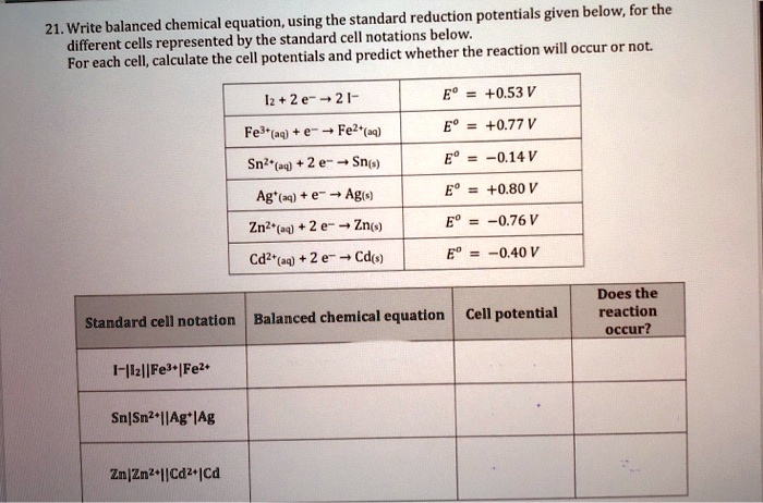 SOLVED: The standard reduction potentials given below, for the 21.Write balanced chemical ...