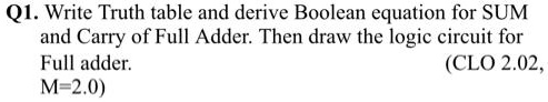 SOLVED: Q1. Write a truth table and derive the Boolean equation for the SUM and Carry outputs of ...