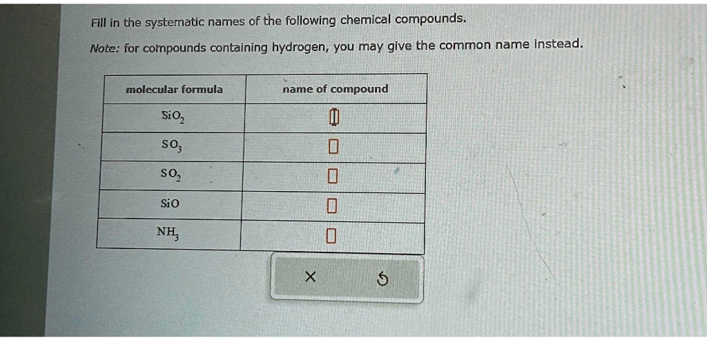 SOLVED: SiO2 - Silicon dioxide SO3 - Sulfur trioxide SO2 - Sulfur dioxide SiO - Silicon monoxide ...