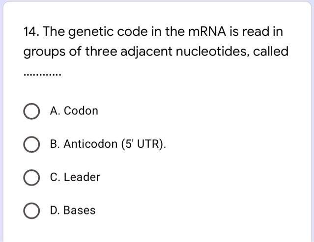 SOLVED: 14. The genetic code in the mRNA is read in groups of three ...