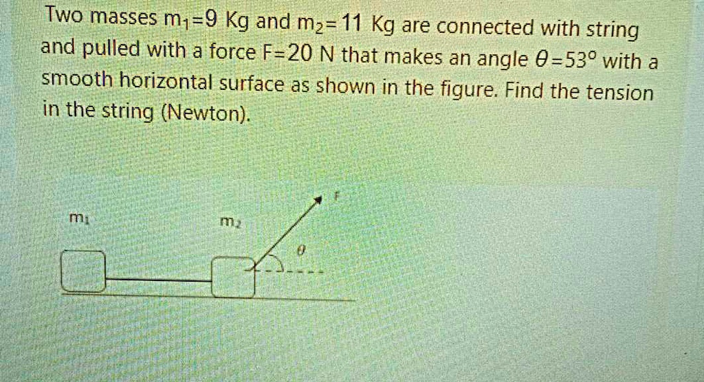 Two masses m1=9 Kg and m2= 11 Kg are connected with string and pulled with a force F=20 N that ...