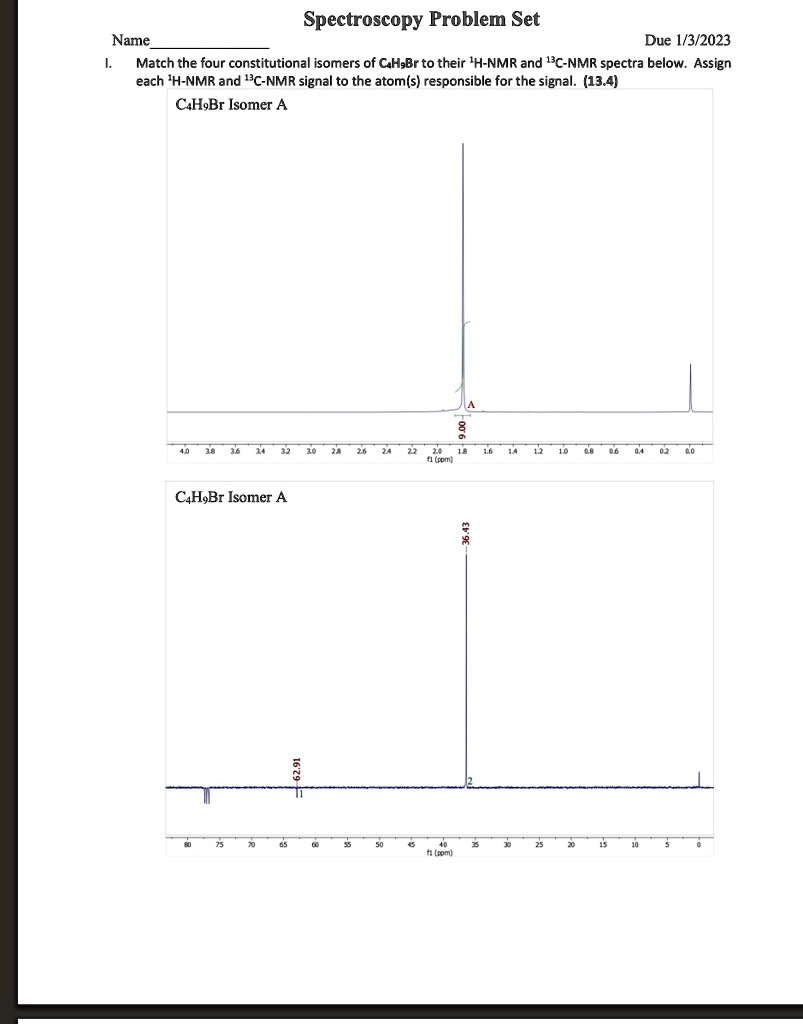 Name Spectroscopy Problem Set Due 1/3/2023 1. Match the four constitutional isomers of C4H9Br to ...
