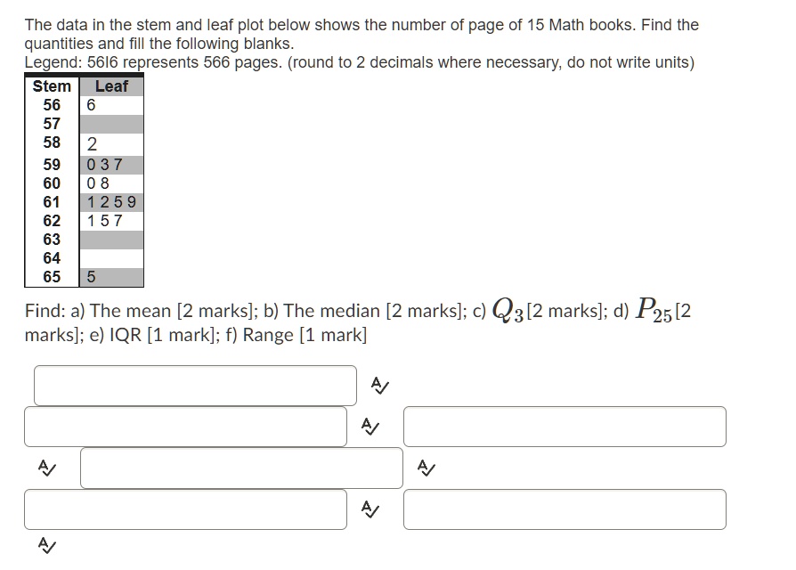 SOLVED: The data in the stem and leaf plot below shows the number of pages of 15 Math books ...