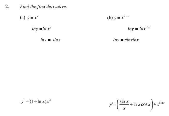 find the first derivative yr by inx iny inx iny inxsinx iny xlnx iny sinxinx y llnxx sin x y in ...