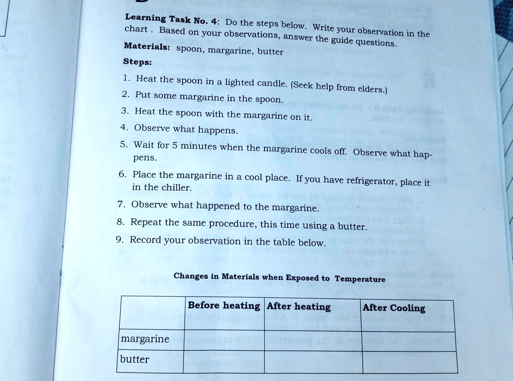 Learning Task No. 4: Do the steps below. Write your observation in the chart. Based on your ...