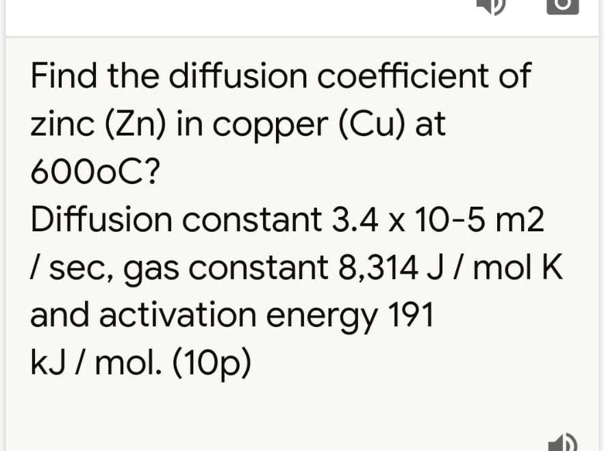 Solved Find The Diffusion Coefficient Of Zinc Zn In Copper Cu At