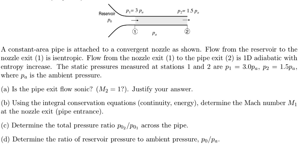 SOLVED: Pi = 3 pa Reservoir Po P2 = 1.5 pa po ? A constant-area pipe is ...