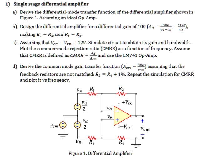 1) Single stage differential amplifier a) Derive the differential-mode transfer function of the ...