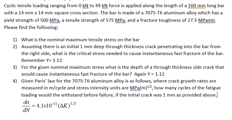 SOLVED: Cyclic tensile loading ranging from 0 kN to 49 kN force is ...