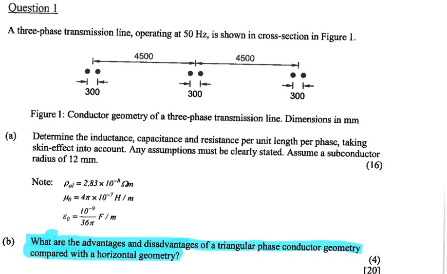 Question 1 A three-phase transmission line, operating at 50 Hz, is ...