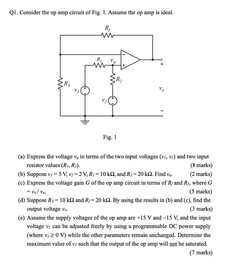 SOLVED: Q1. Consider the op amp circuit of Fig. 1. Assume the op amp is ideal. Fig. (a) Express ...