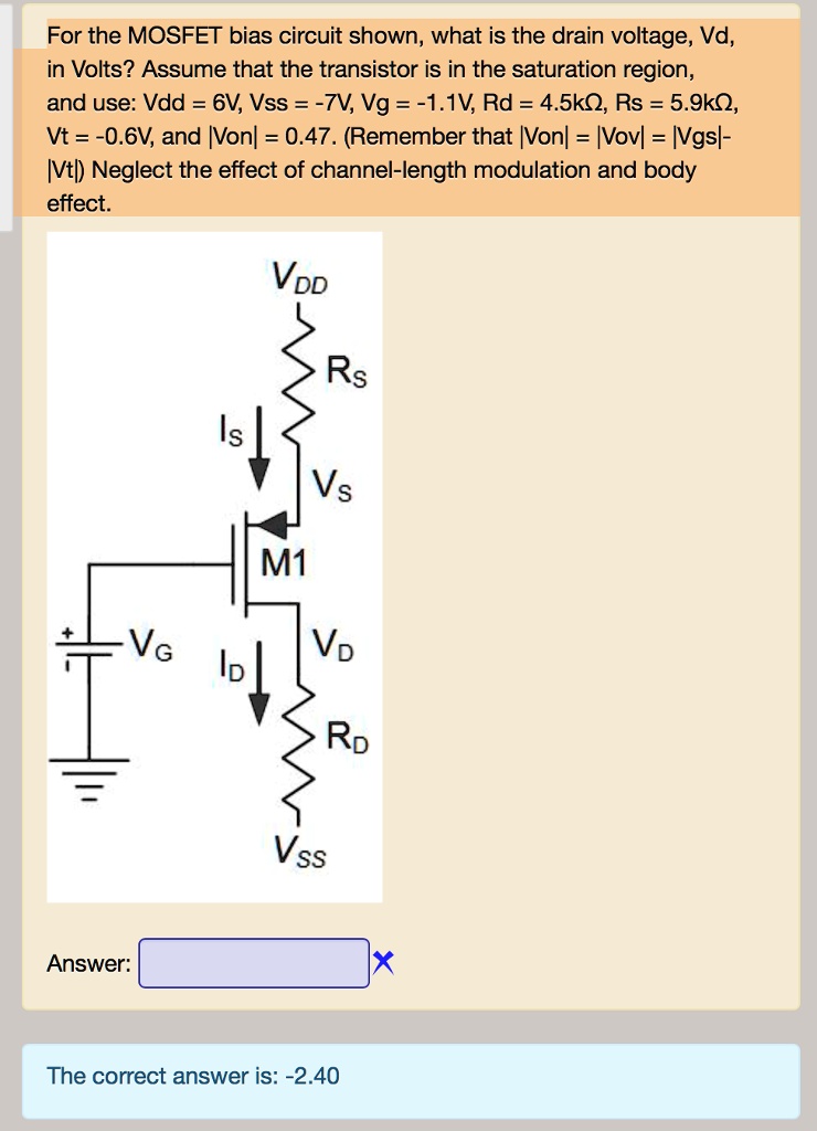 SOLVED: For the MOSFET bias circuit shown, what is the drain voltage, Vd in Volts? Assume that ...