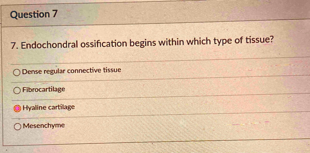 question 7 endochondral ossification begins within which type of tissue ...