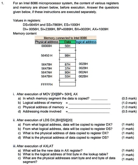 SOLVED: For an Intel 8086 microprocessor system, the content of various registers and memory are ...