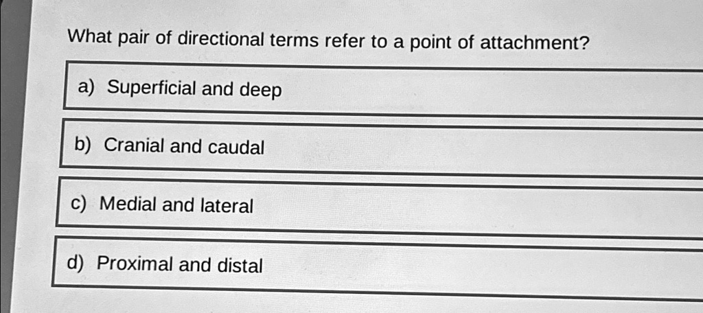 What pair of directional terms refer to a point of attachment? a ...