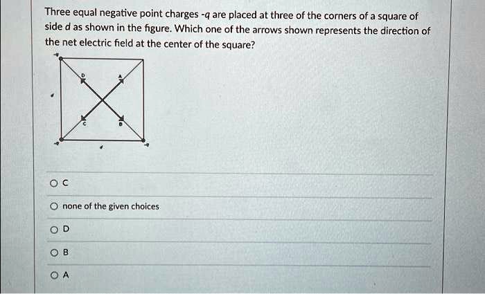 SOLVED: Three equal negative point charges q are placed at three of the ... SOLVED: Three equal negative point charges q are placed at three of the ...