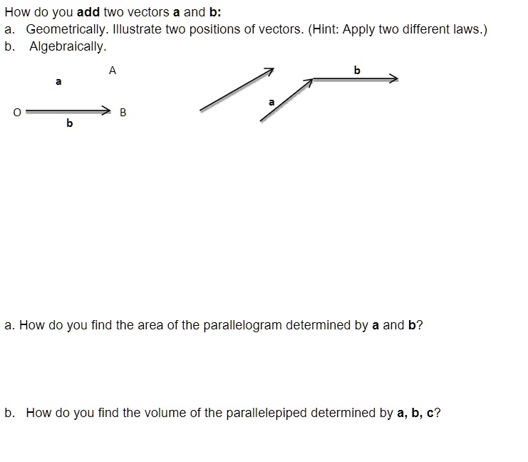 SOLVED: How do you add two vectors a and b: Geometrically. Illustrate two positions of vectors ...