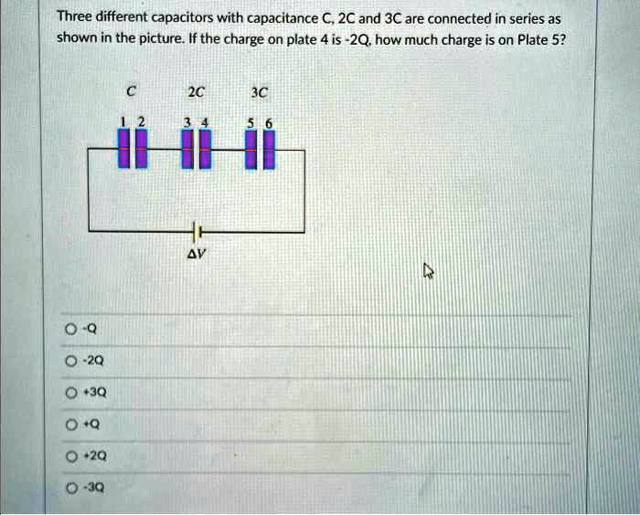 SOLVED: Three different capacitors with capacitance C, 2C and 3C are connected in series a5 ...