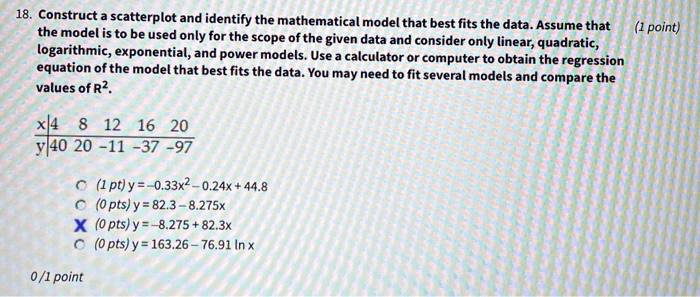 18 construct a scatterplot and identify the mathematical model that best fits the data assume ...