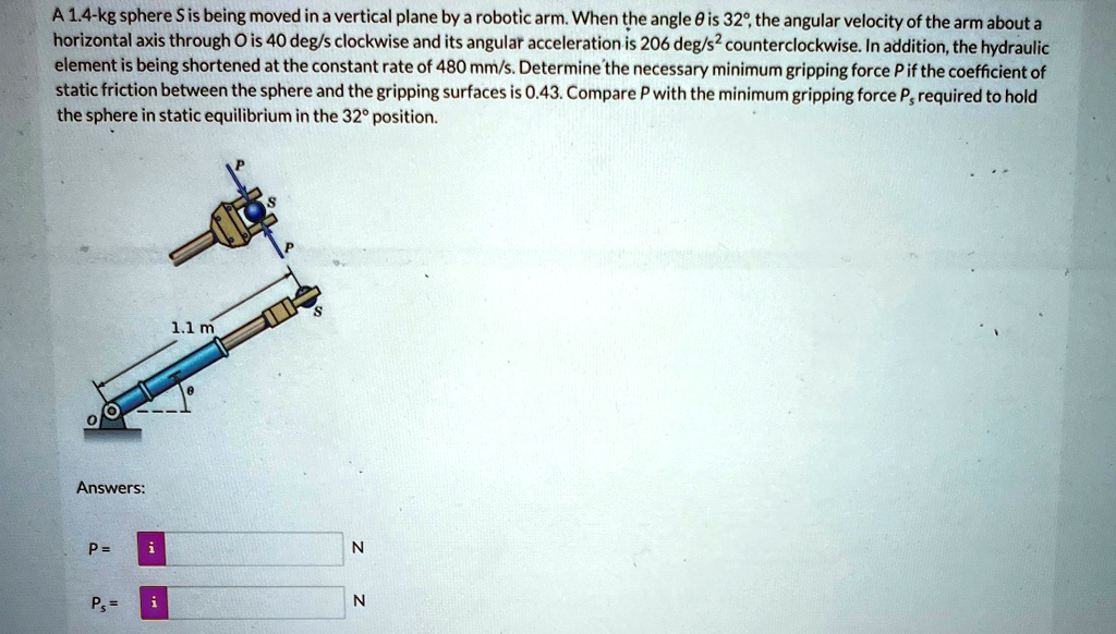 a 14 kg sphere s is being moved in a vertical plane by a robotic arm ...