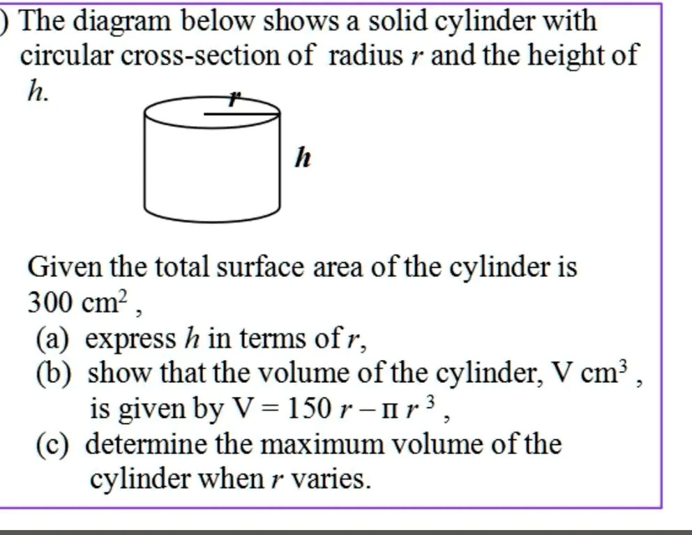 SOLVED: The diagram below shows a solid cylinder with circular cross ...