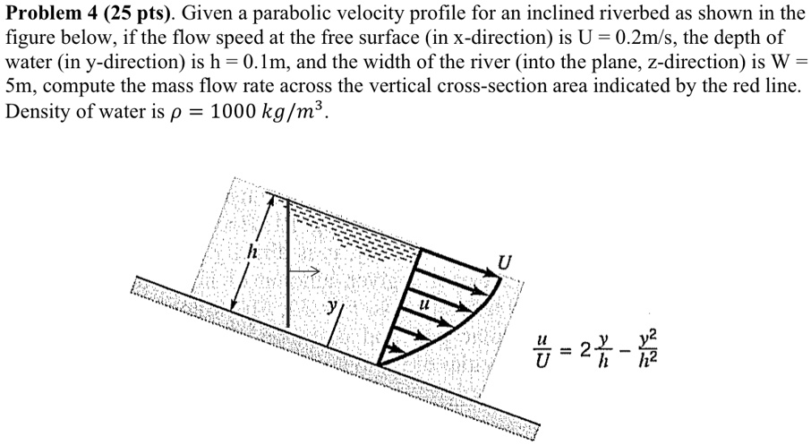 SOLVED: Problem 4 (25 pts). Given a parabolic velocity profile for an inclined riverbed as shown ...