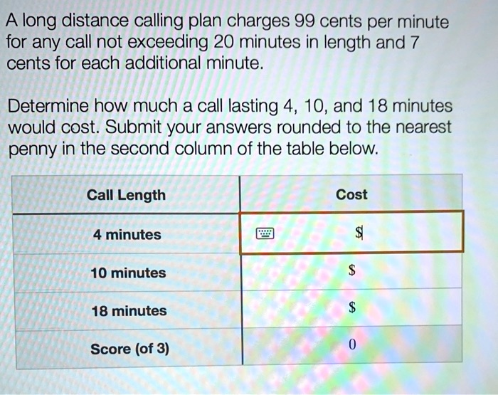 long distance calling plan charges 99 cents per minute for any call not ...