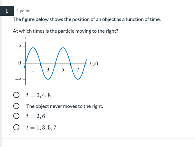 SOLVED: 1 1 point The figure below shows the position of an object as a ...