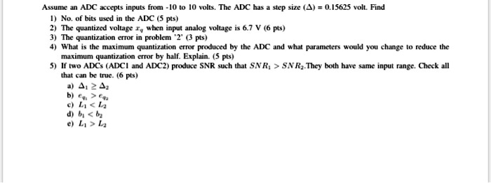 SOLVED: Assume an ADC accepts inputs from -10 to 10 volts. The ADC has a step size (Î”) = 0. ...