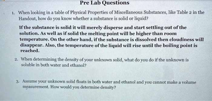 SOLVED: Pre Lab Questions When looking in a table of Physical Properties of Miscellaneous ...