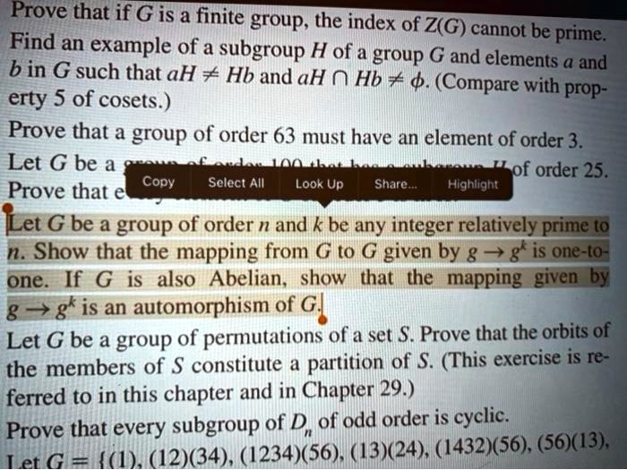 prove that if g is a finite group the index of zg cannot be prime find an example f a subgroup h ...
