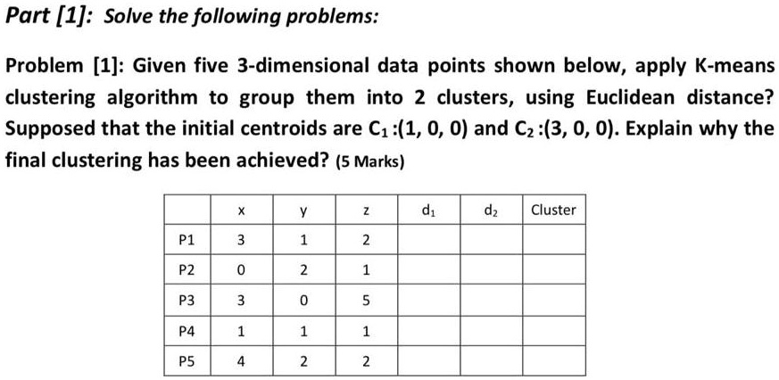 SOLVED: Part[1]:Solve the following problems: Problem [1]:Given five 3-dimensional data points ...