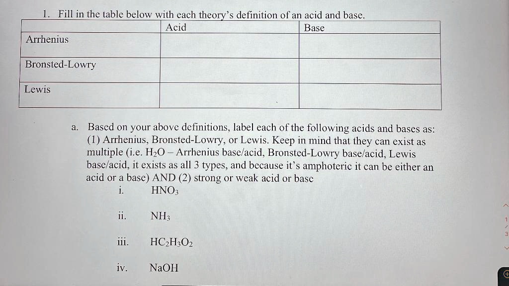 SOLVED: Fill in the table below with each theory's definition of an acid and base. Acid Base ...