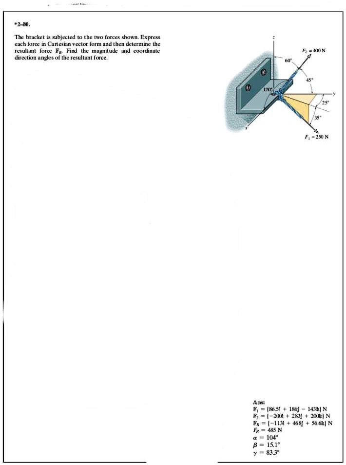 SOLVED: The bracket is subjected to the two forces shown. Express each ...