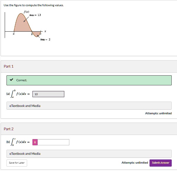 SOLVED: Use the figure to compute the following values. Part 1 Correct. (a) ∫a^b f(x)dx ...