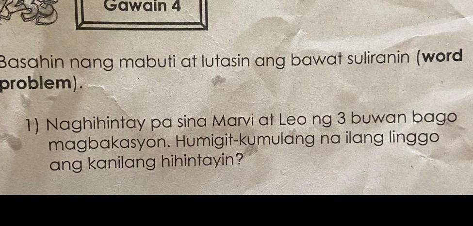 Basahin nang mabuti at lutasin ang bawat suliranin (word problem). 1) Naghihintay pa sina Marvi ...