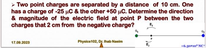 Two point charges are separated by a distance of 10 cm. One has a ...
