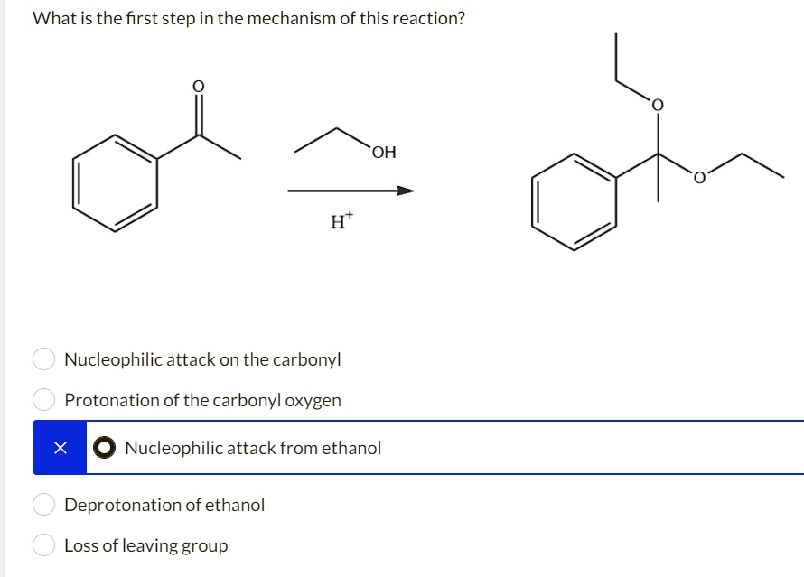 SOLVED: What is the first step in the mechanism of this reaction? OH H+ Nucleophilic attack on ...